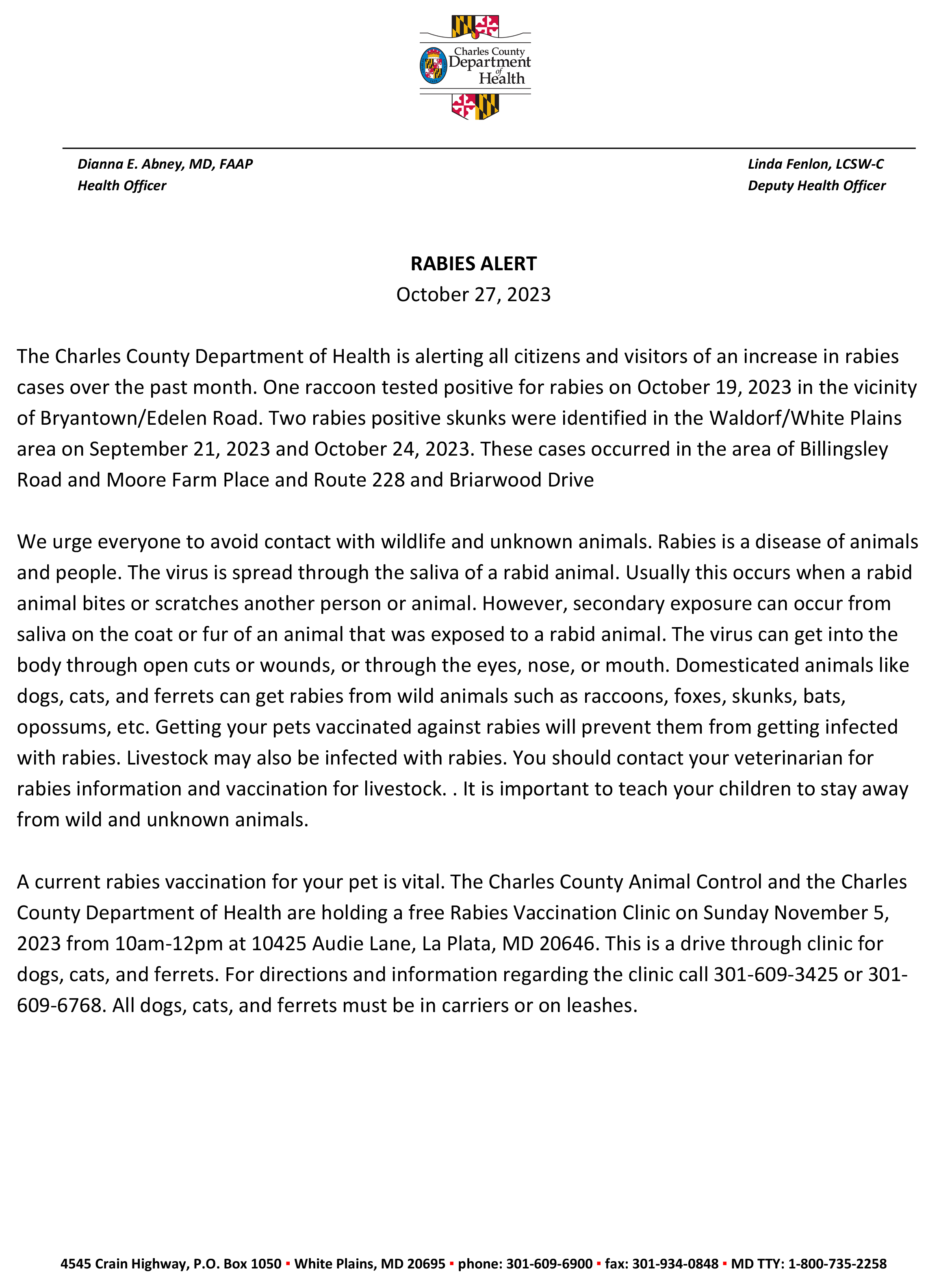 Rabies Alert - Charles County Department of Health